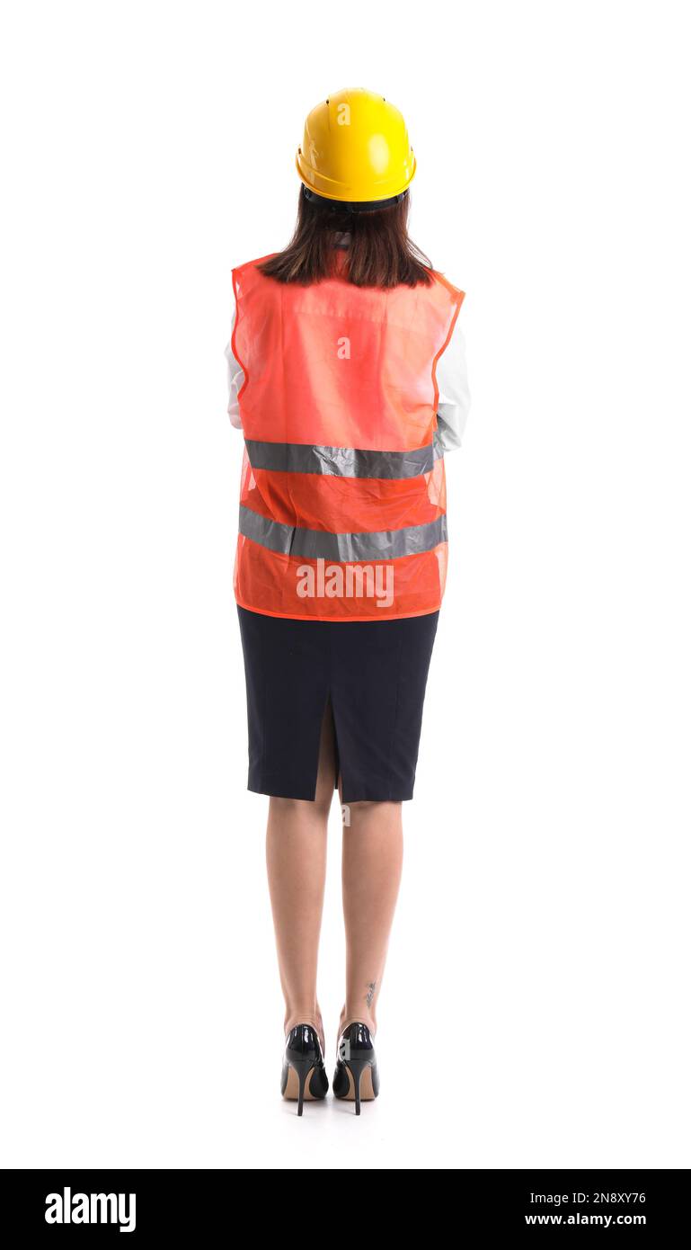 Female worker in vest and hardhat on white background, back view Stock ...