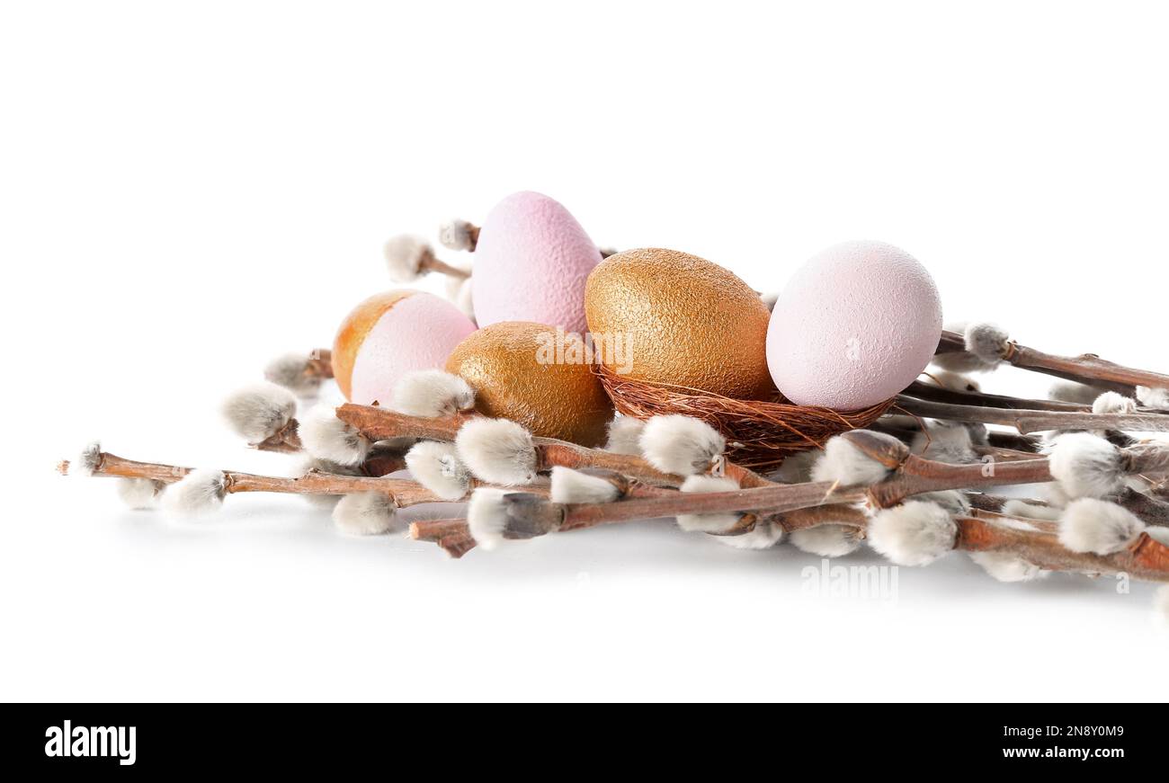 Beautiful Easter eggs and willow branches on white background Stock ...