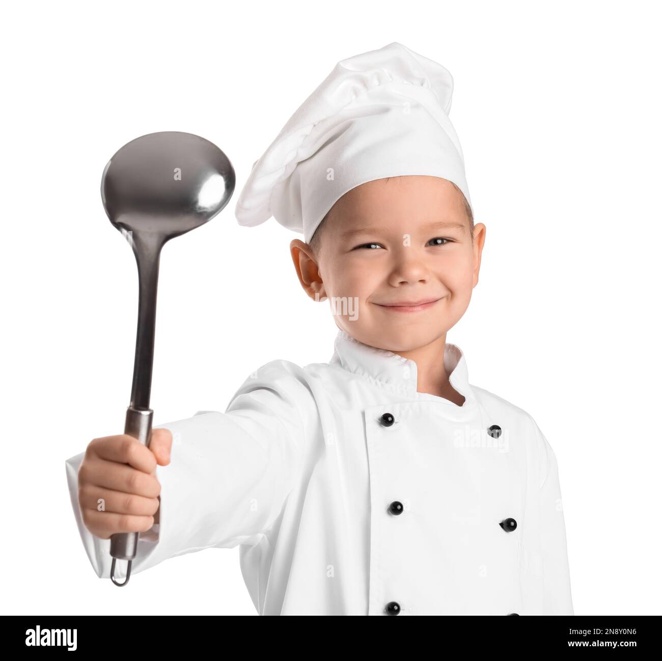Cute little chef with ladle on white background Stock Photo - Alamy