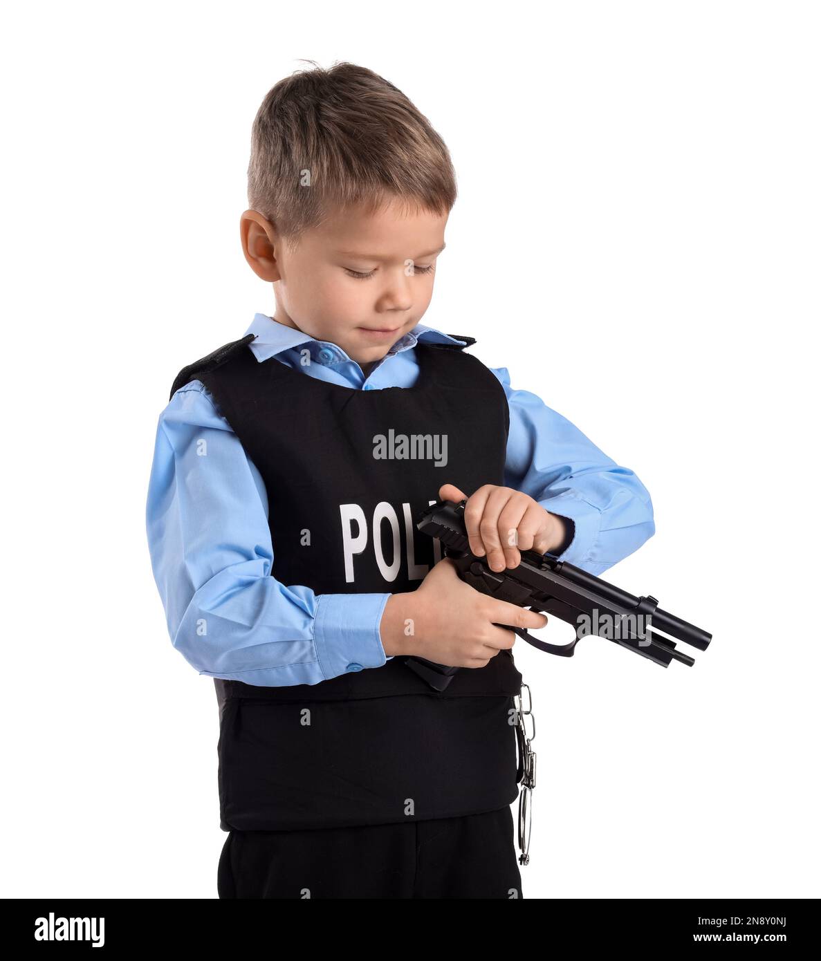 Funny little police officer with gun on white background Stock Photo ...