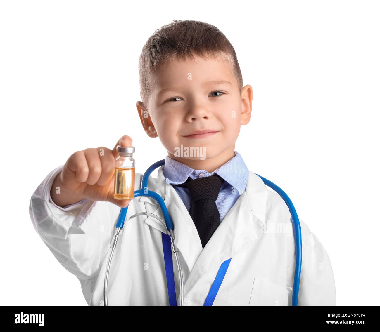 Cute little doctor with vaccine on white background Stock Photo - Alamy