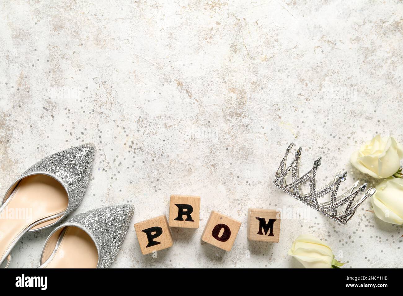 Word prom with tiara, heels and roses on grunge background Stock Photo ...