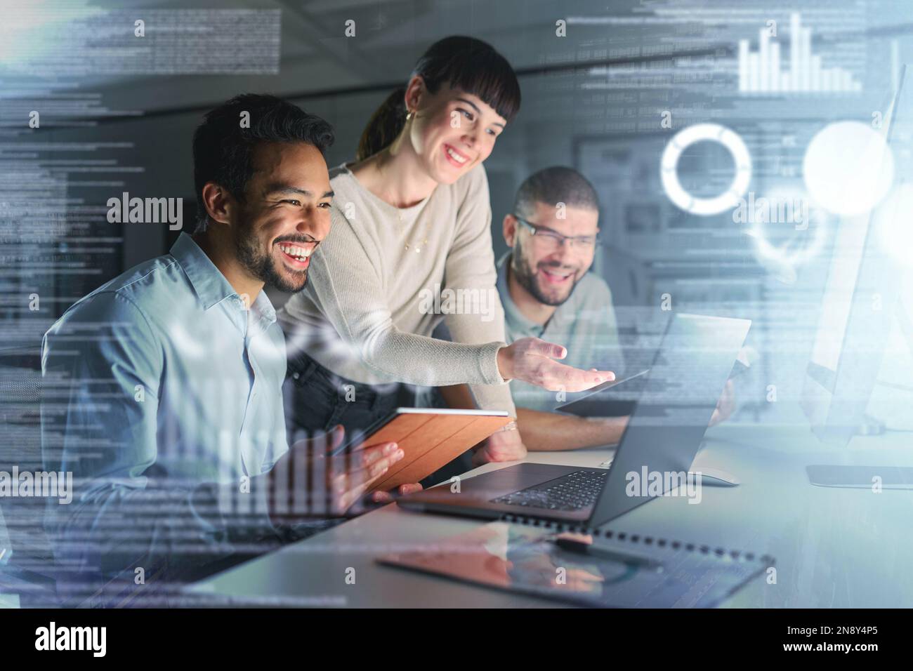 Teamwork, laptop hologram and people success in data analytics, cyber security research and ...