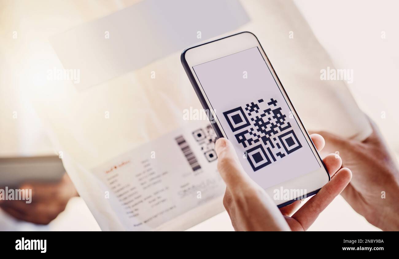 QR code, delivery and phone screen for payment, package distribution ...