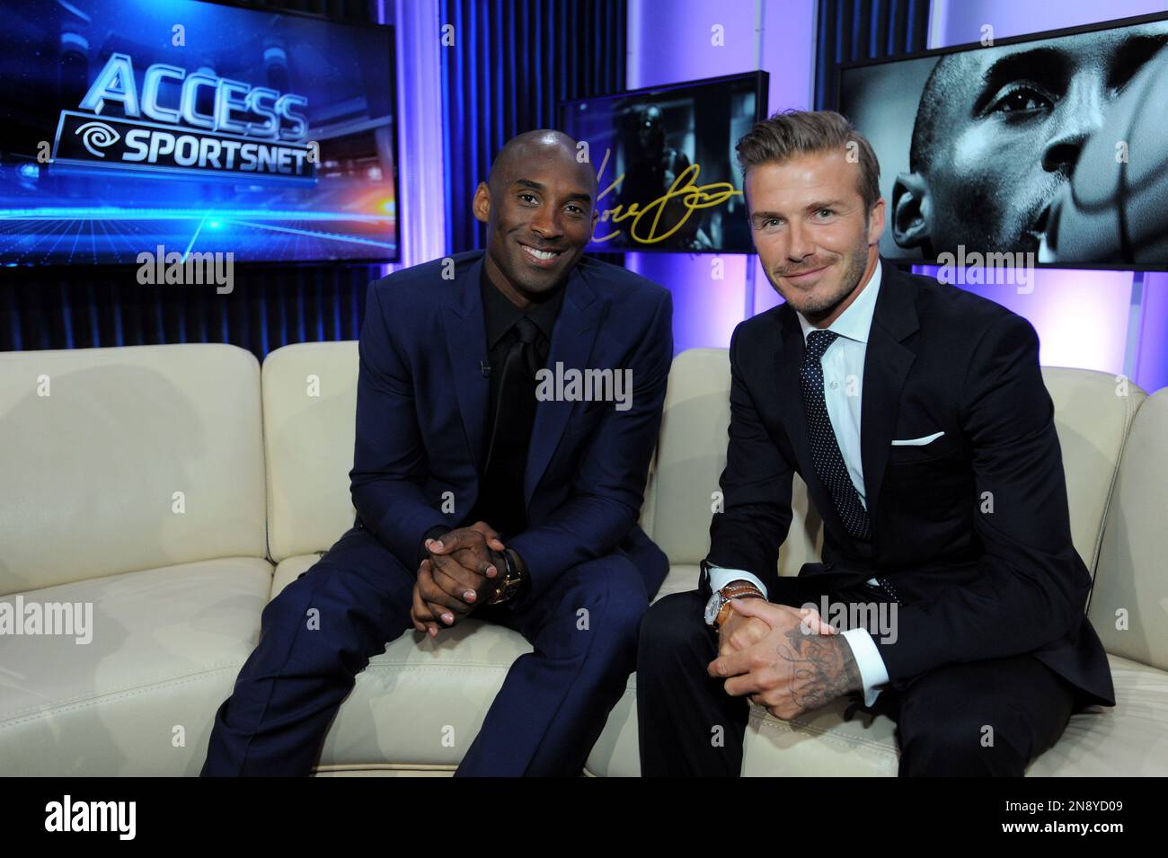 IMAGE DISTRIBUTED FOR TIME WARNER CABLE - Kobe Bryant, left, and David Beckham are seen on the ...