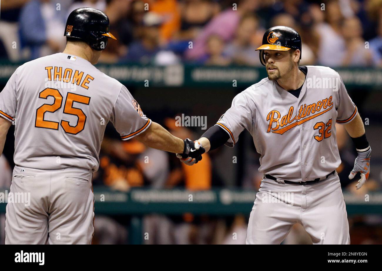 Baltimore Orioles' Matt Wieters, right, shakes hands with on-deck ...
