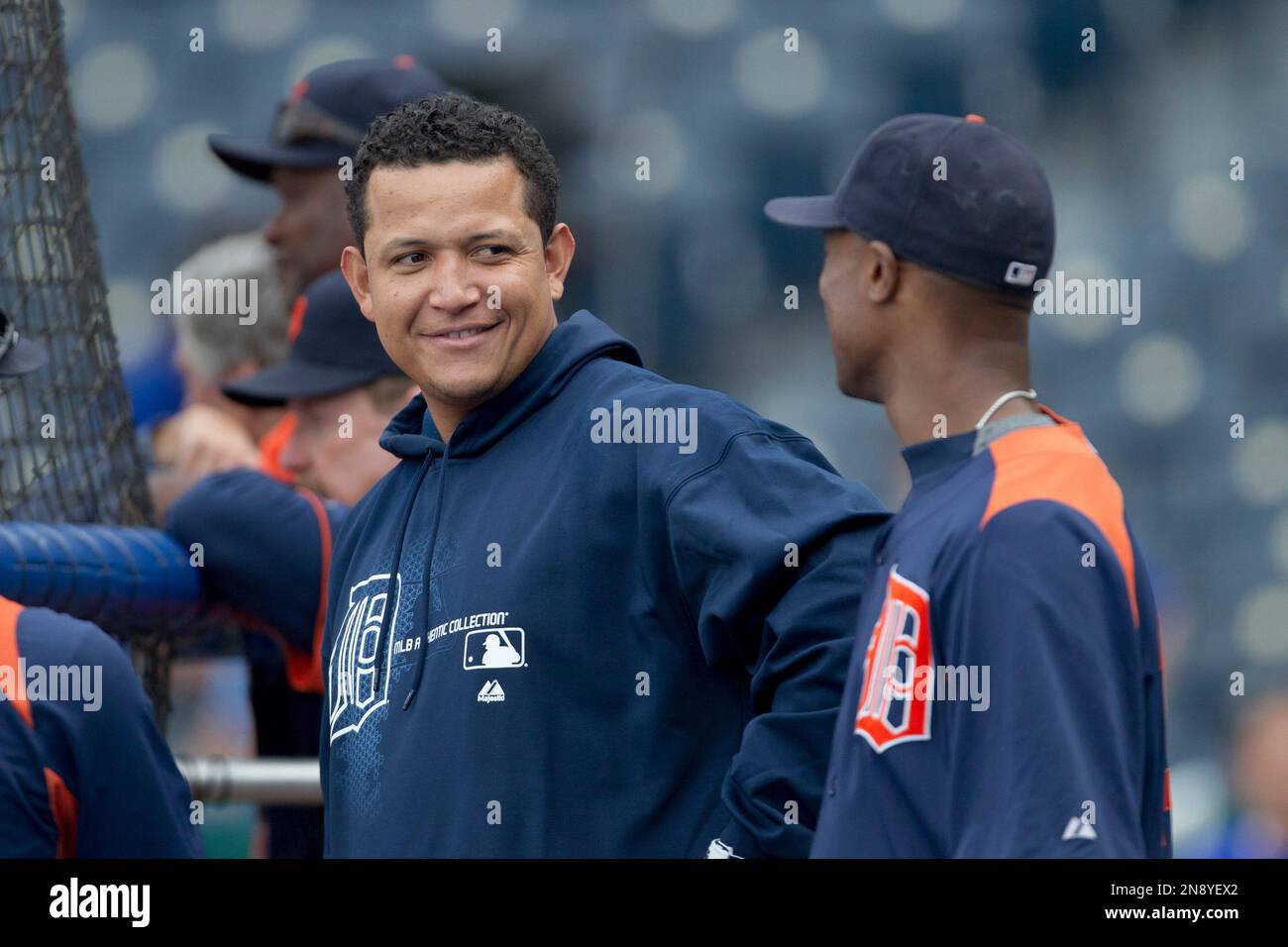 Detroit Tigers third baseman Miguel Cabrera, left, stands with second ...