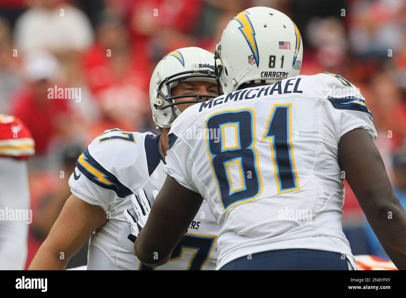 San Diego Chargers quarterback Philip Rivers (17) reacts to tight end ...