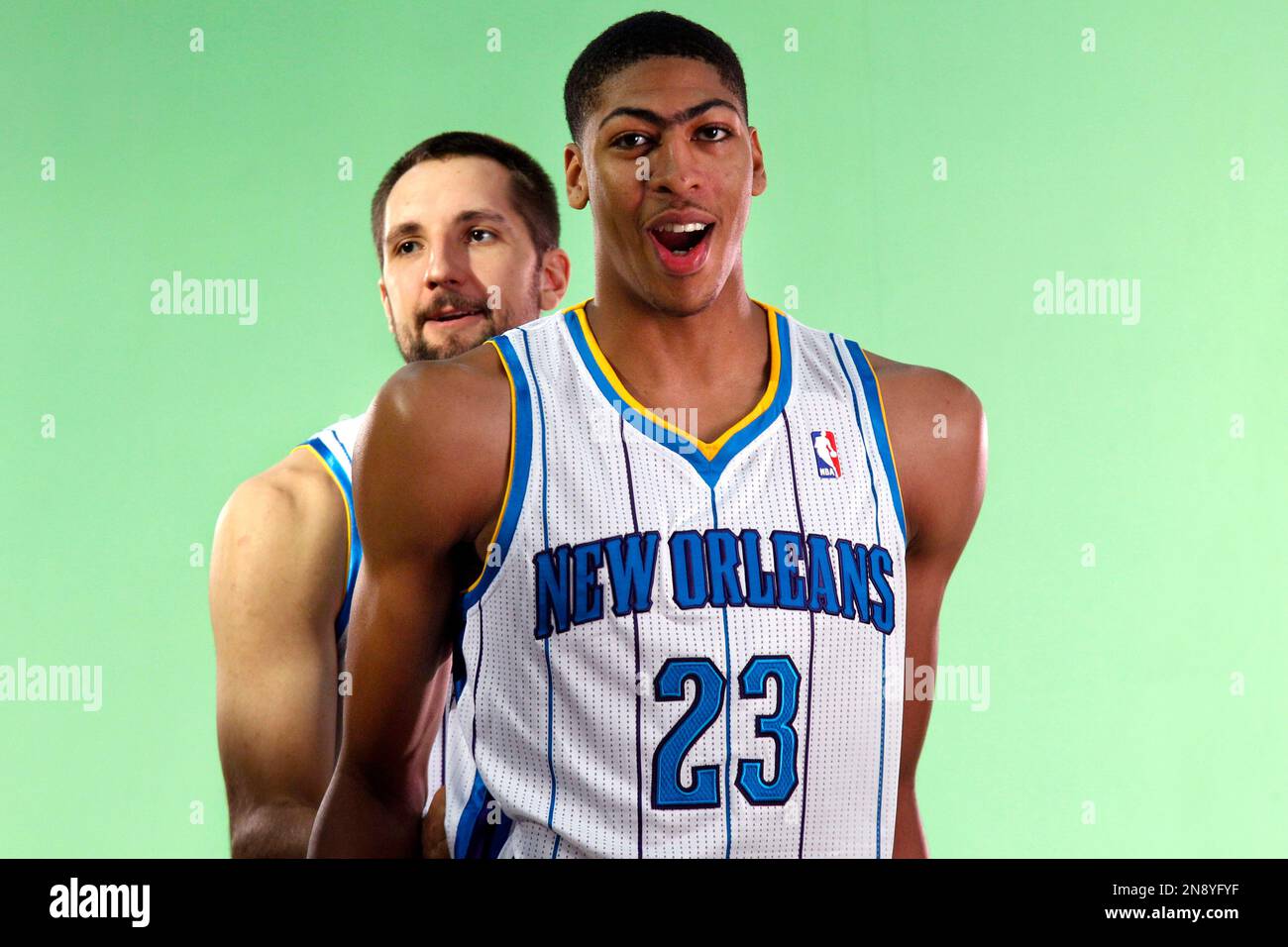 New Orleans Hornets forwards Anthony Davis (23) and Ryan Anderson joke ...