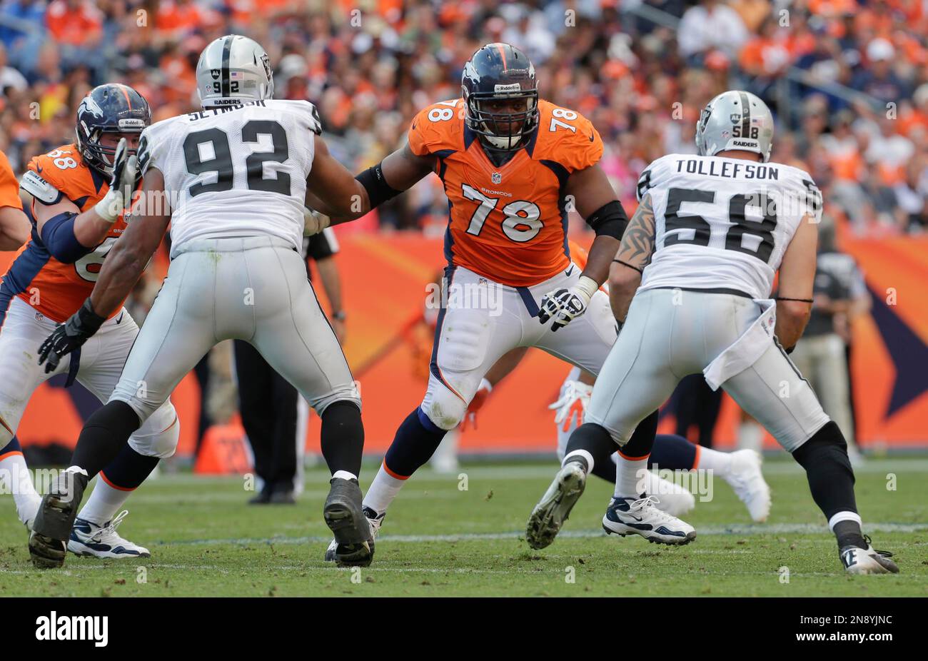 Denver Broncos tackle Ryan Clady (78) looks to block Oakland Raiders ...