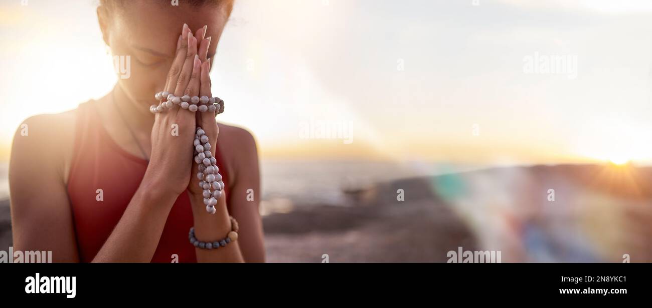 Pray, meditation and religion by woman praying in mock up space ...