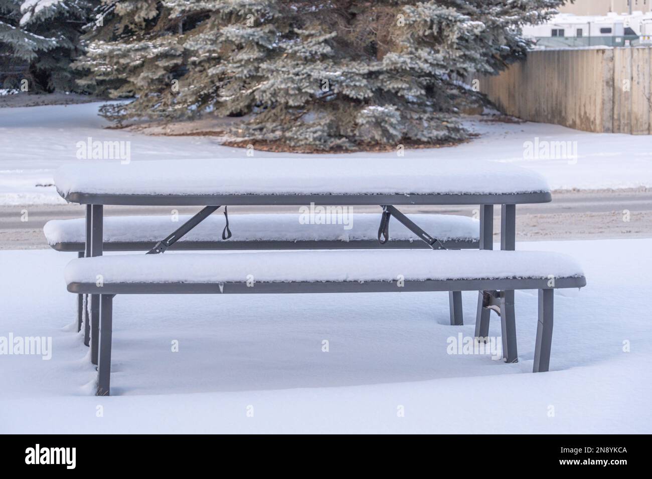 park benches with park tables covered in snow in winter Stock Photo - Alamy