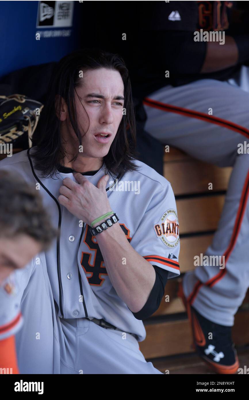 San Francisco Giants starting pitcher Tim Lincecum looks on before ...