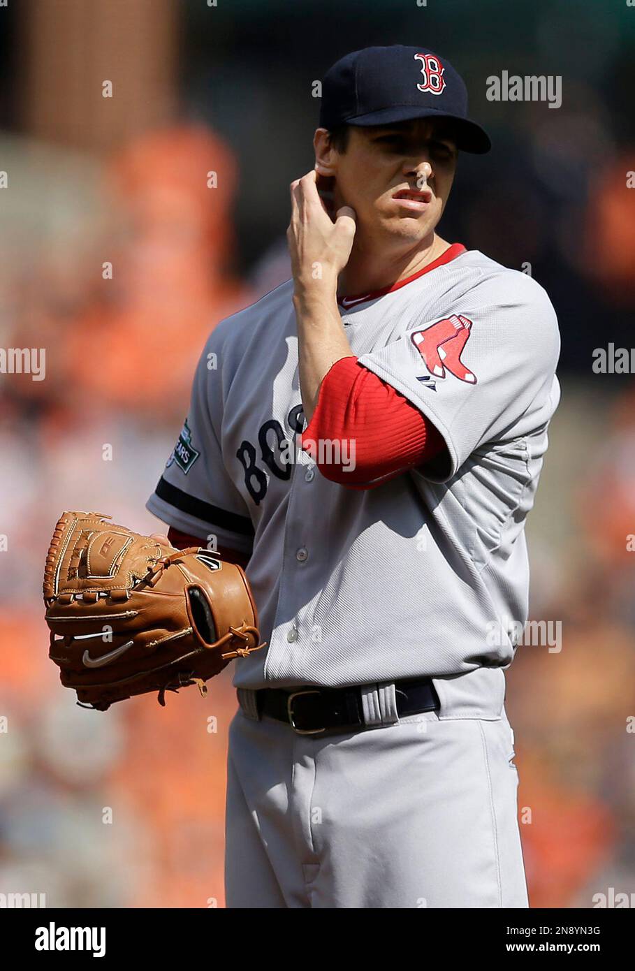 Boston Red Sox starting pitcher Zach Stewart pauses during a baseball ...
