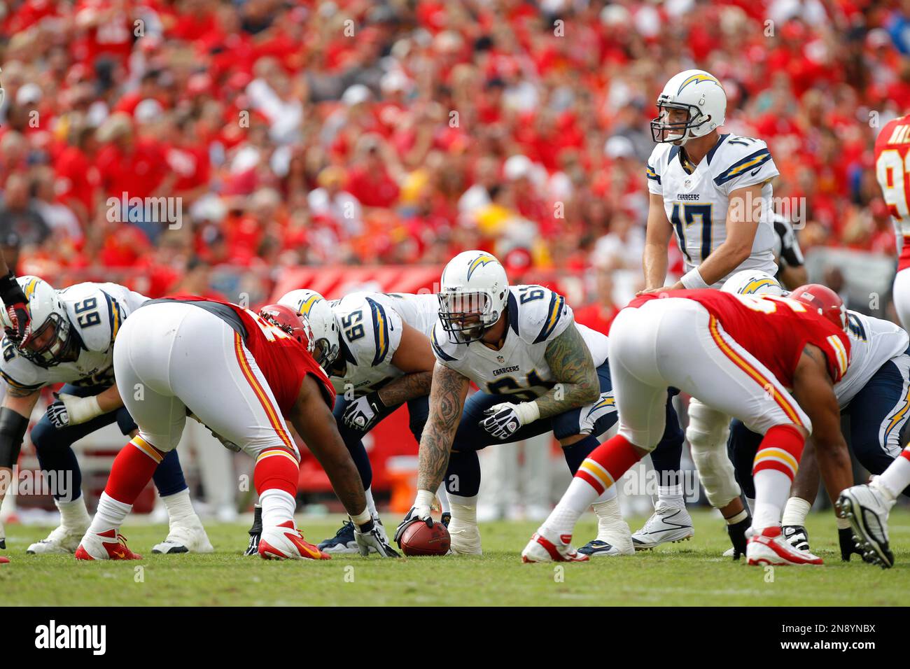San Diego Chargers center Nick Hardwick snaps the ball against the ...