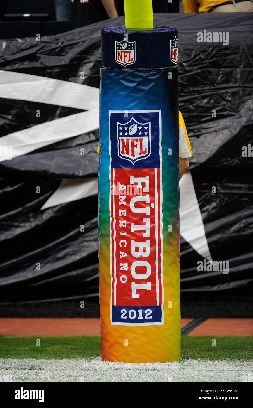 A logo in honor of Hispanic Heritage Month is shown on a goal post pad ...