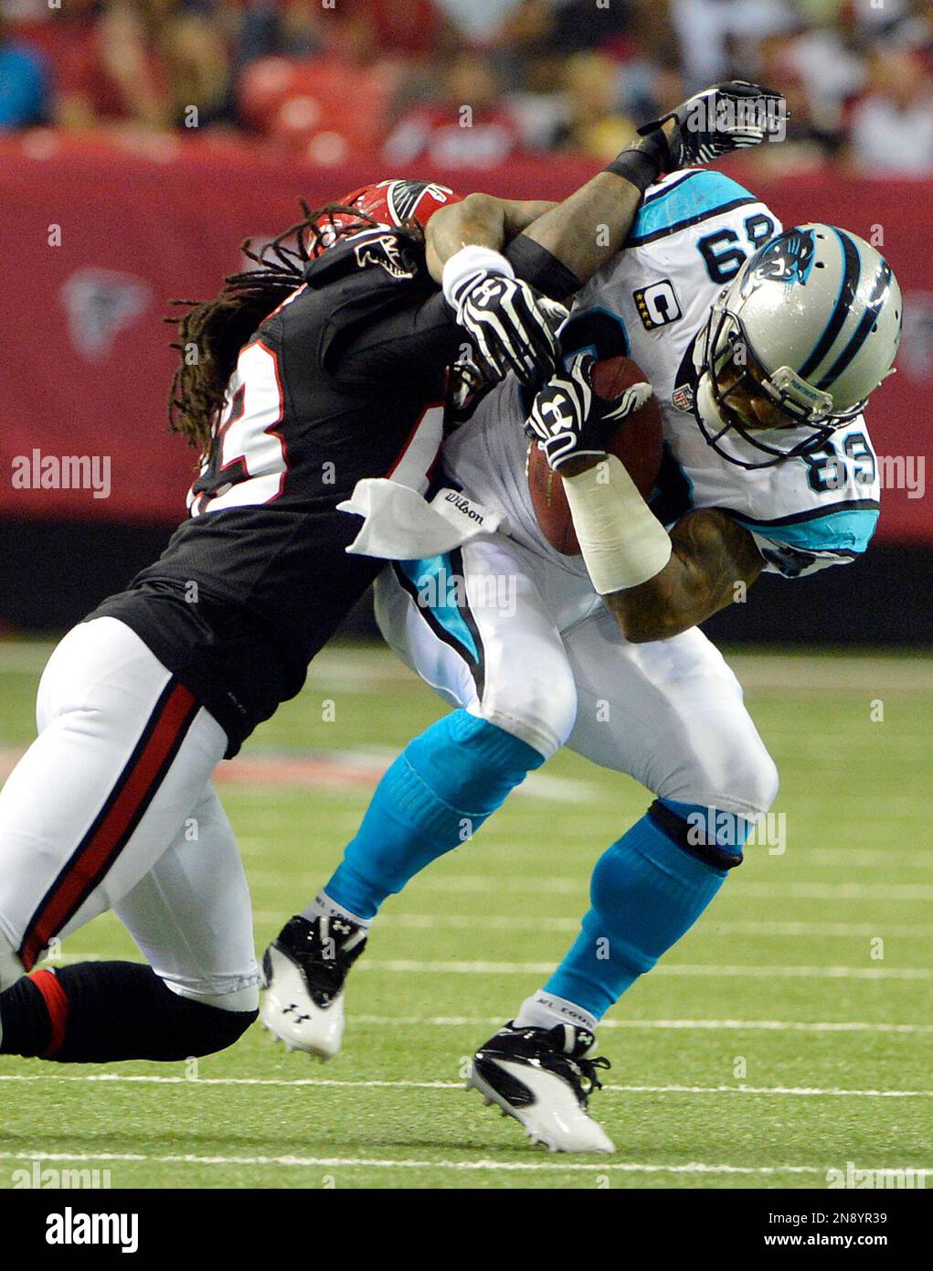 Atlanta Falcons cornerback Dunta Robinson (23) stops Carolina Panthers ...
