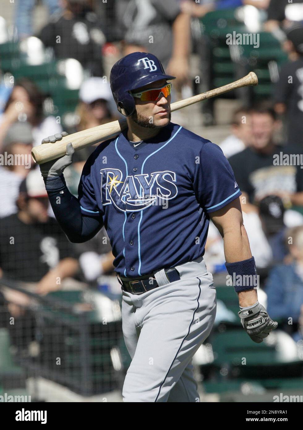Tampa Bay Rays' Luke Scott looks to the field after striking out during ...