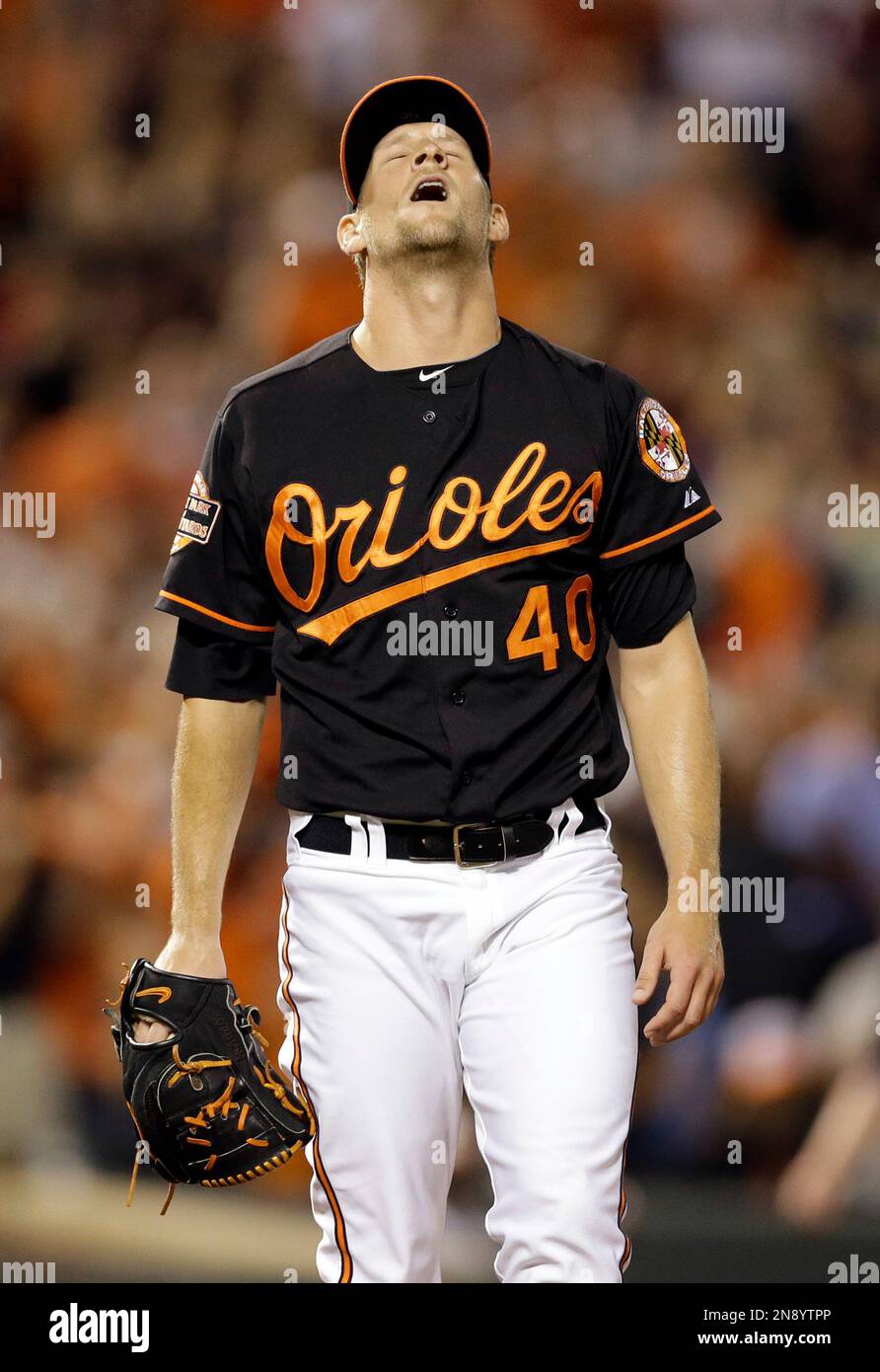 Baltimore Orioles relief pitcher Troy Patton reacts during a baseball ...