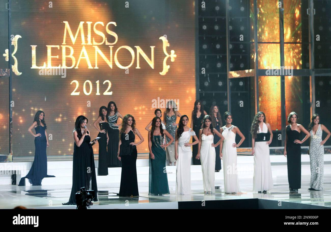Participants of the Miss Lebanon 2012 beauty pageant display evening ...