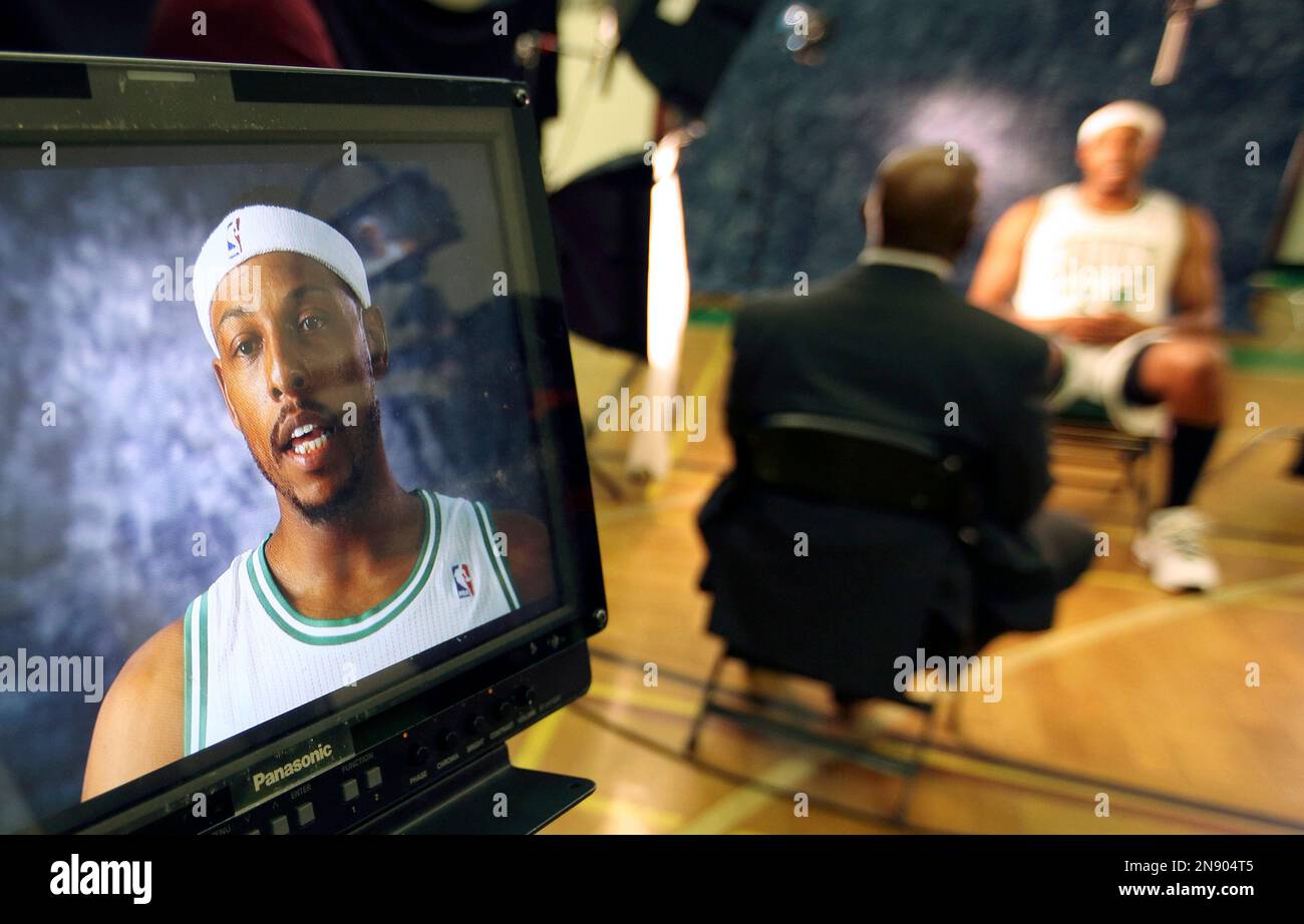 Boston Celtics' Paul Pierce tapes an interview during Celtics NBA ...