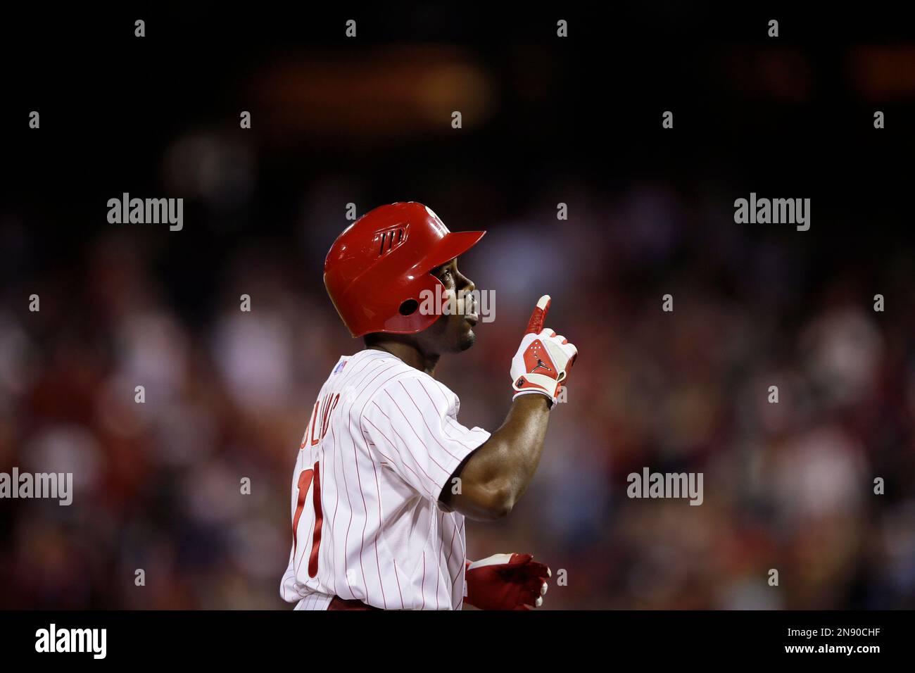 Philadelphia Phillies' Jimmy Rollins reacts after hitting a home run ...