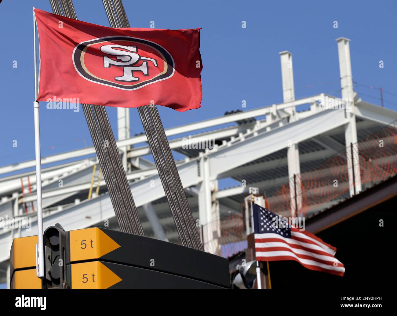 A San Francisco 49ers flag flies at the New Santa Clara Stadium, the ...