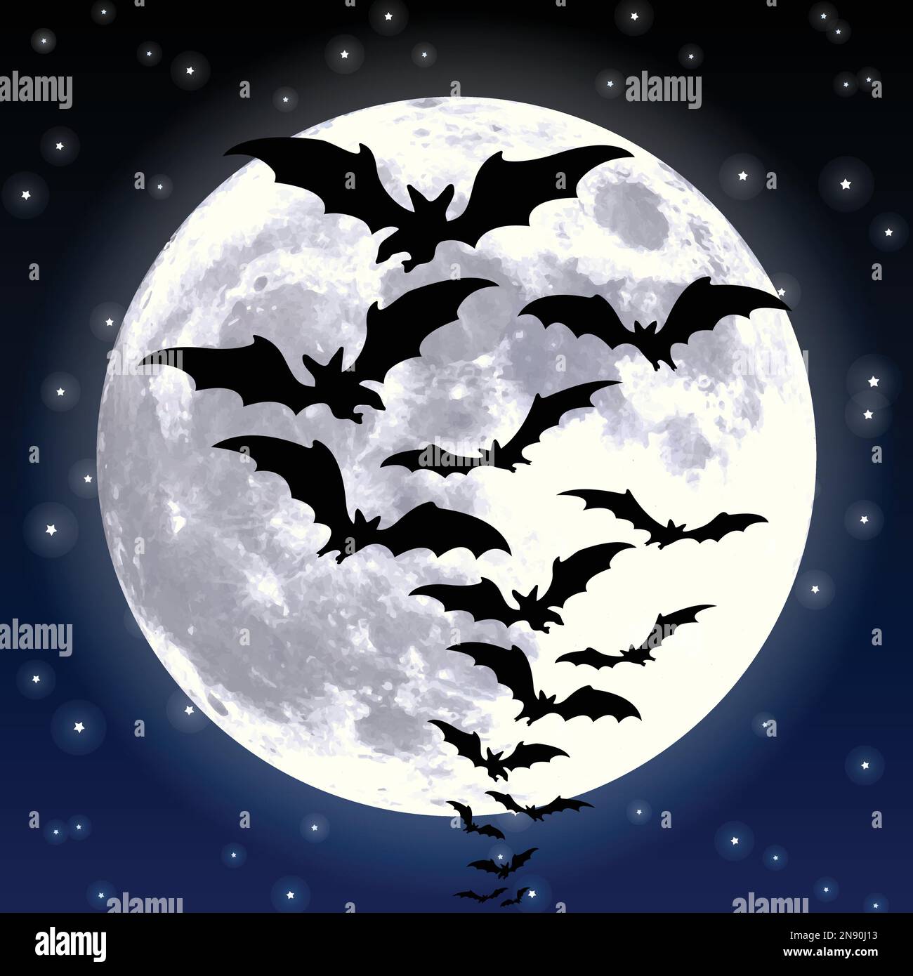 spooky flying bats silhouette against large full moon with clear night sky background vector ...