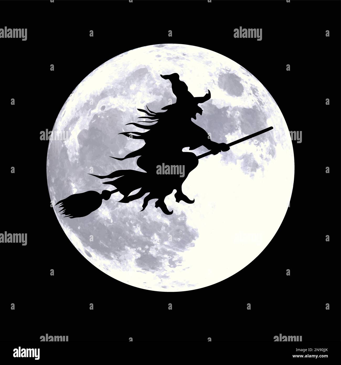 classic witch silhouette by large full moon with night sky background ...