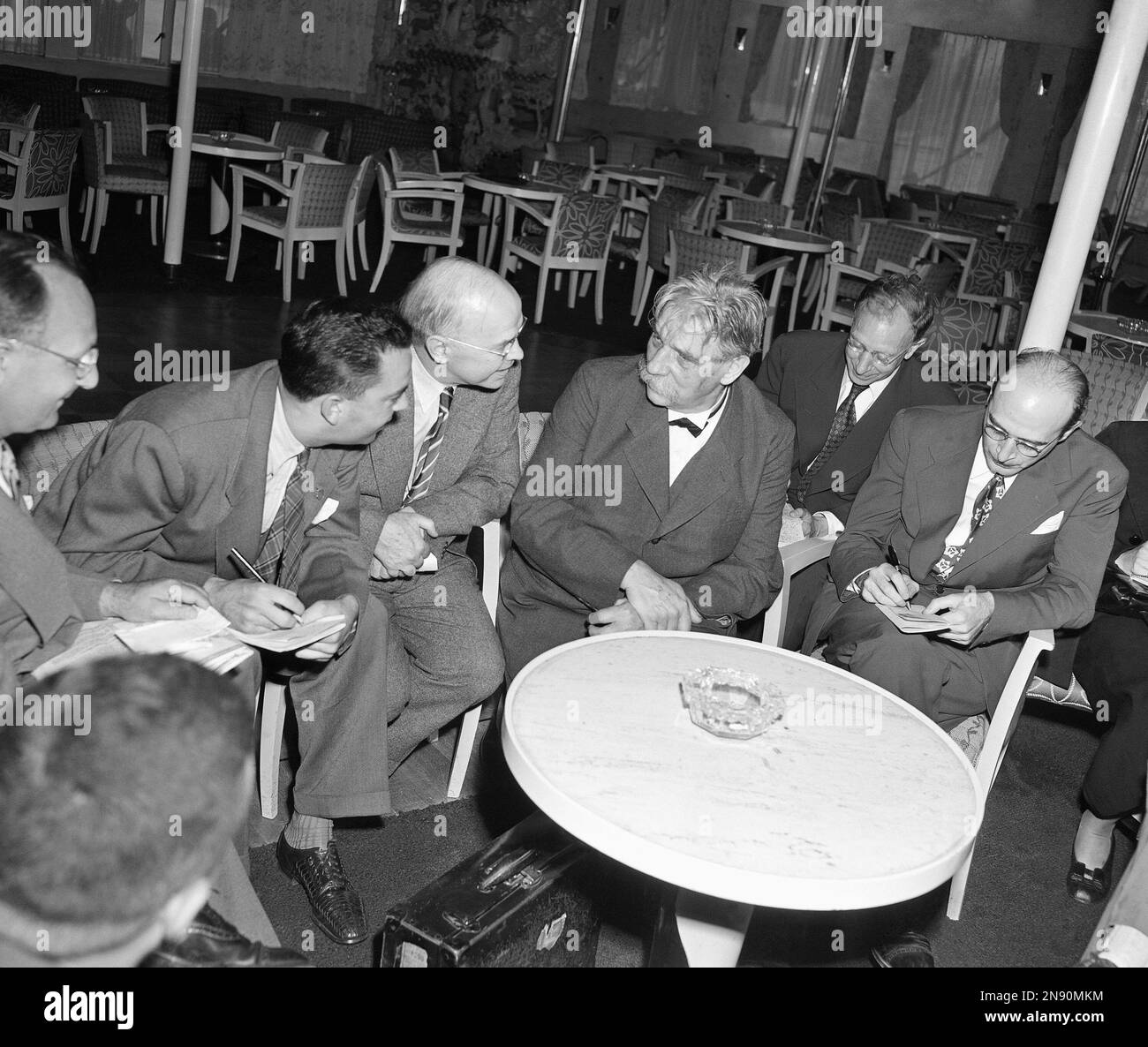 Dr. Albert Schweitzer, center, a 74-year-old philosopher, physician ...