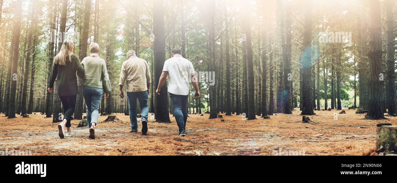 Hiking, group of people and forest trees for nature walk, journey and ...