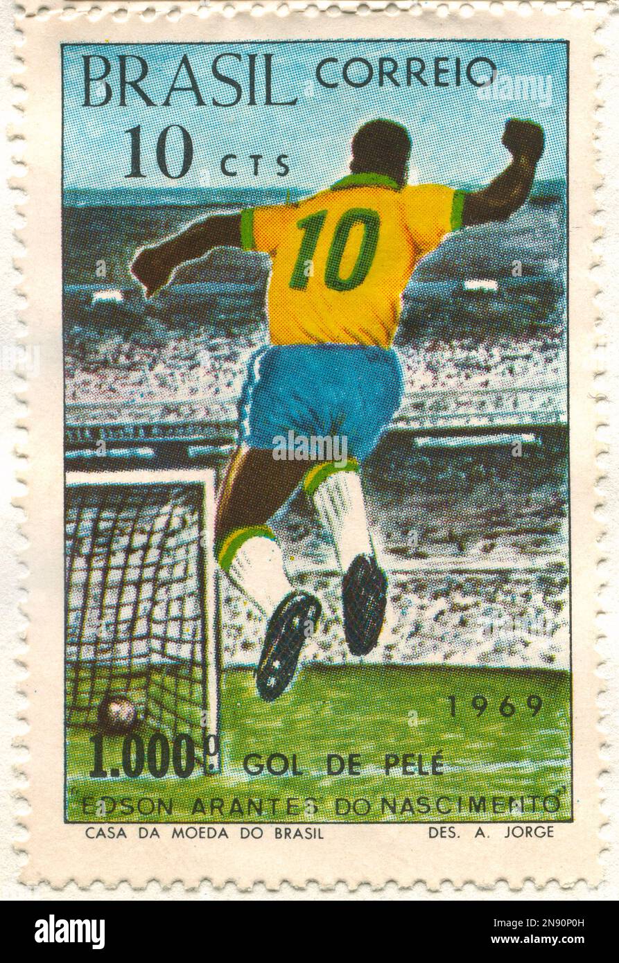 A Brazilian 10 cent stamp issued in 1969 commemorates the 1,000th goal ...