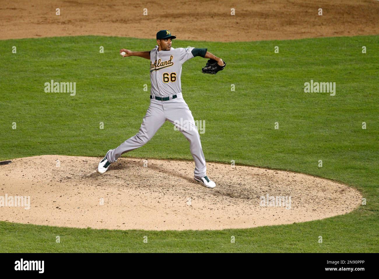 Oakland Athletics' Tyson Ross (66) pitches in the ninth inning of a ...