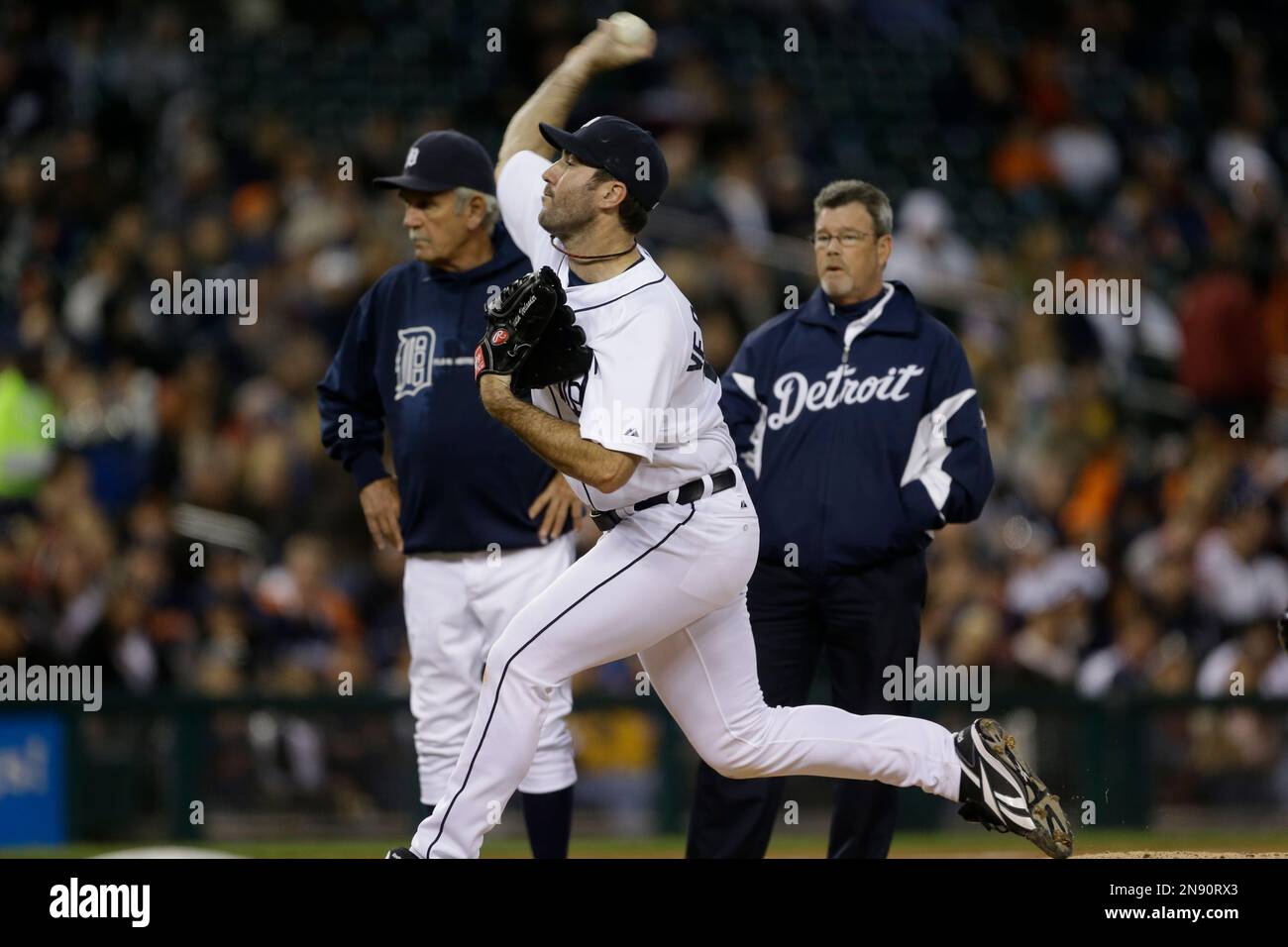 Detroit Tigers starting pitcher Justin Verlander throws as manager Jim ...