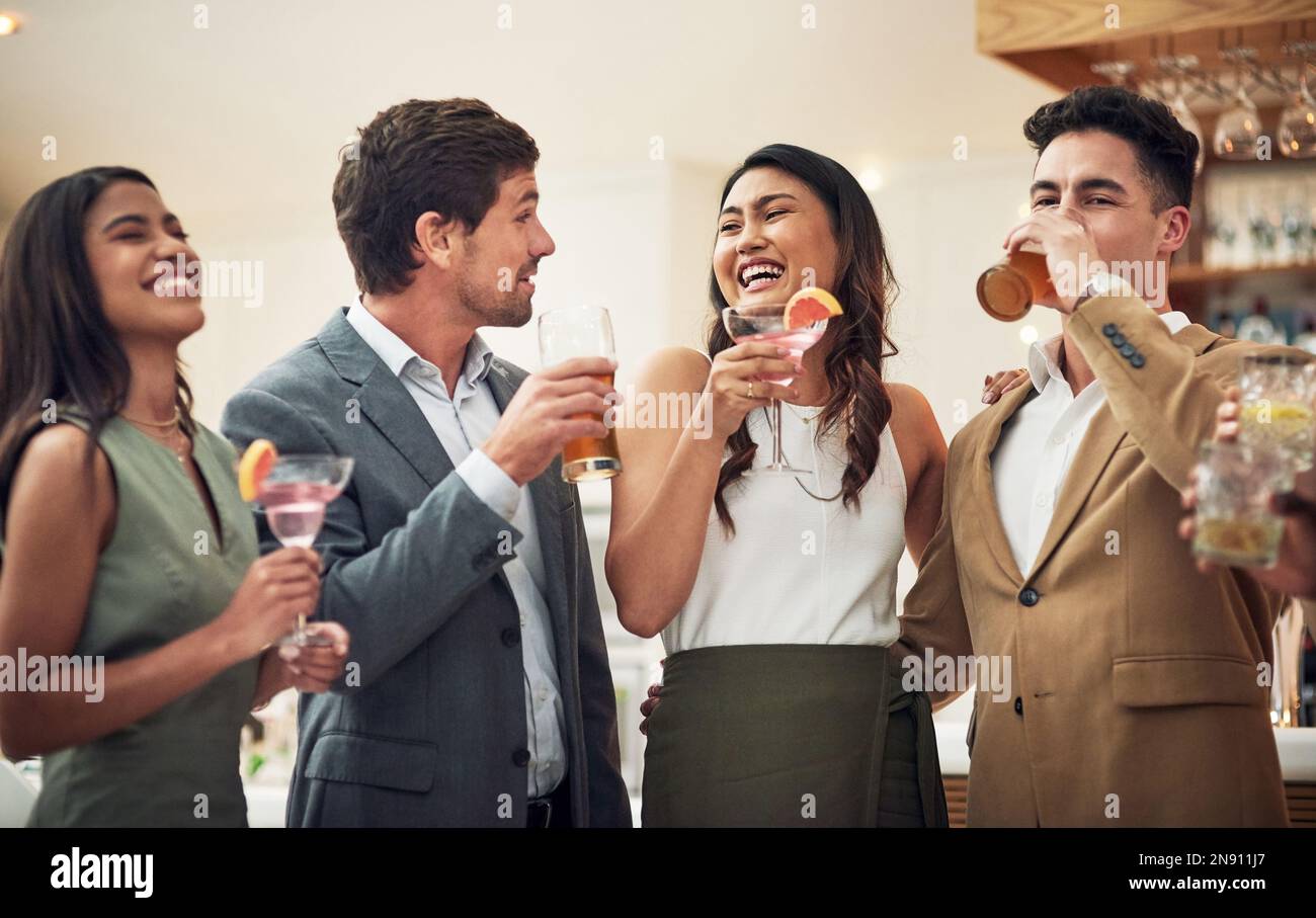 Friends with drinks, alcohol and relax, people together at work event ...