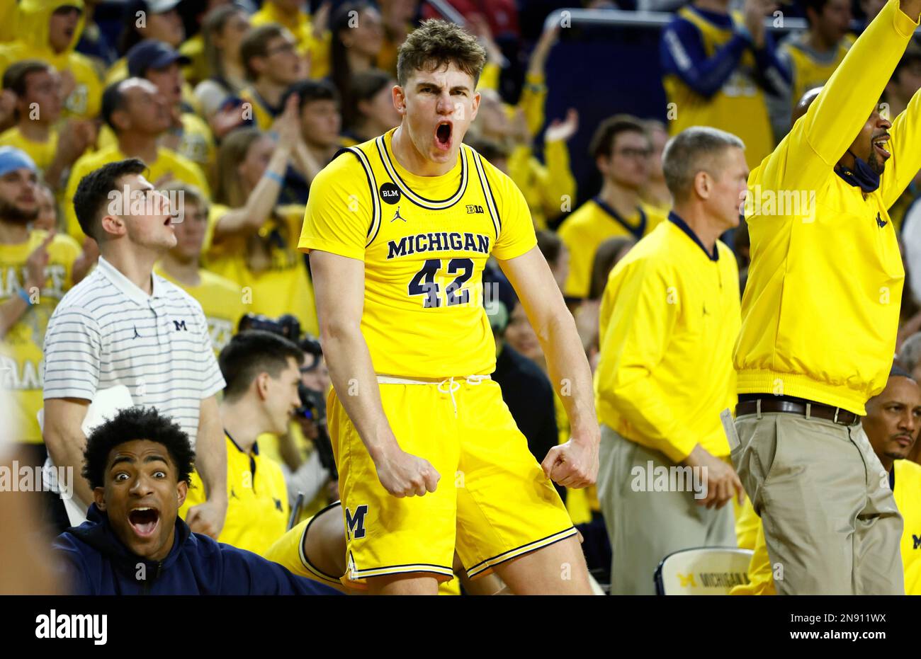 Michigan forward Will Tschetter (42) cheers on his team during the ...