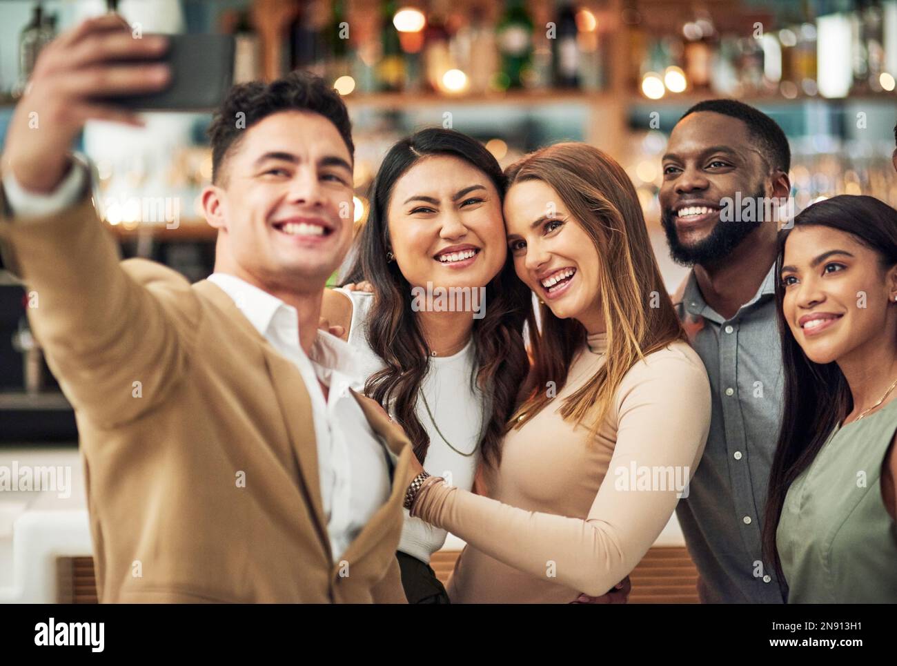 Group of people, event or party selfie in restaurant for luxury, formal ...