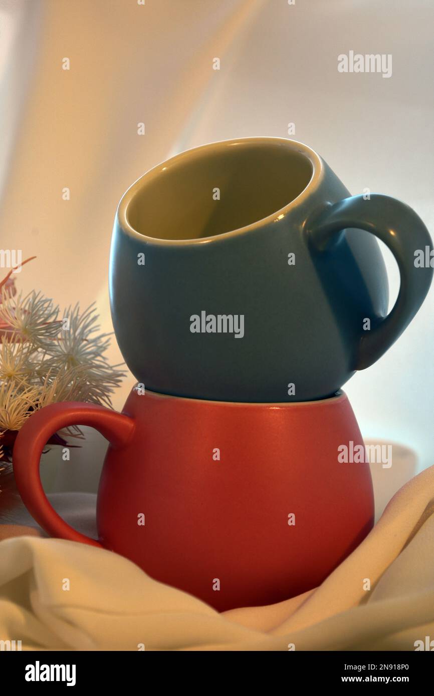 Close up of two cute coffee cups, a beautiful addition to any kitchen ...