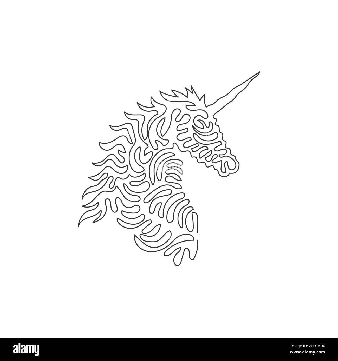 Single one line drawing of cute unicorn spiraling horn abstract art ...