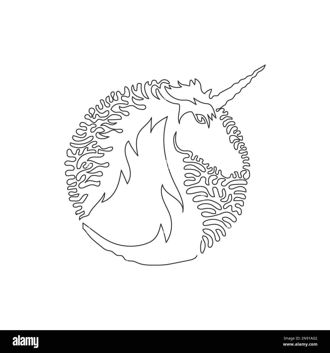 Continuous Curve One Line Drawing Of Adorable Unicorn Abstract Art In Circle Single Line