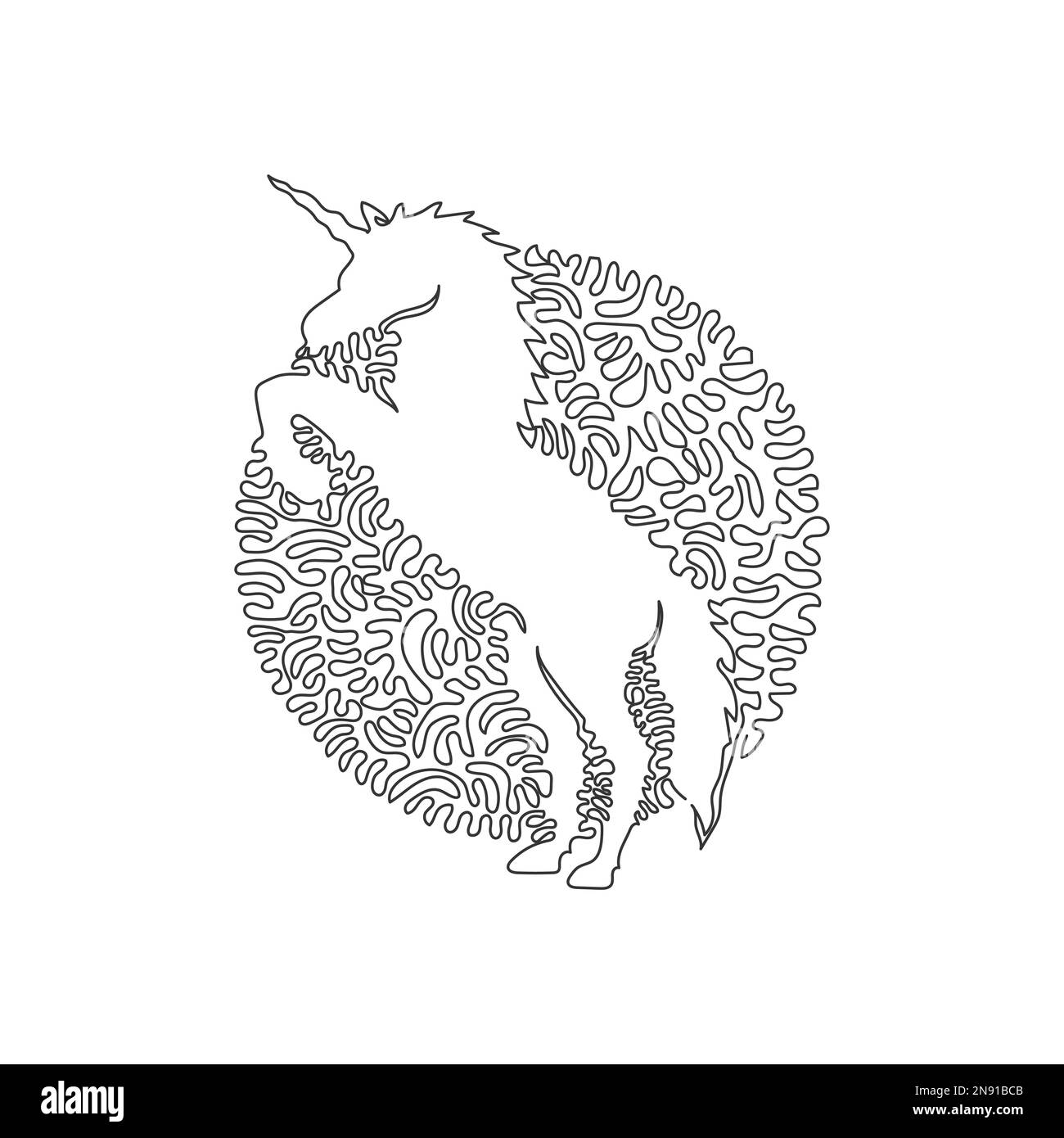 Single one curly line drawing of standing unicorn abstract art ...