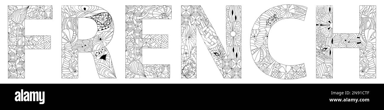 Hand-painted art design. Hand drawn illustration word FRENCH for ...