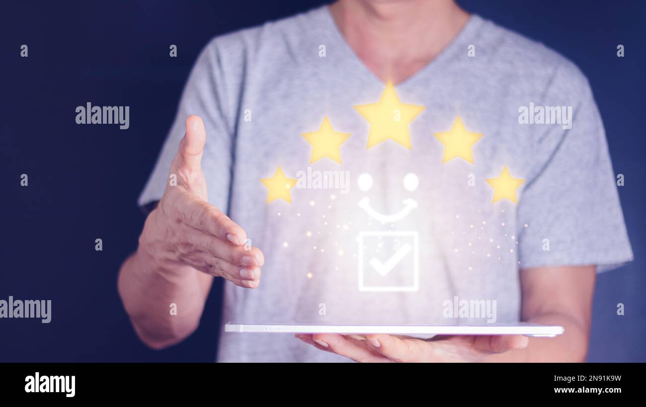 Businessman Hand shows the sign of the top service the best Quality ...