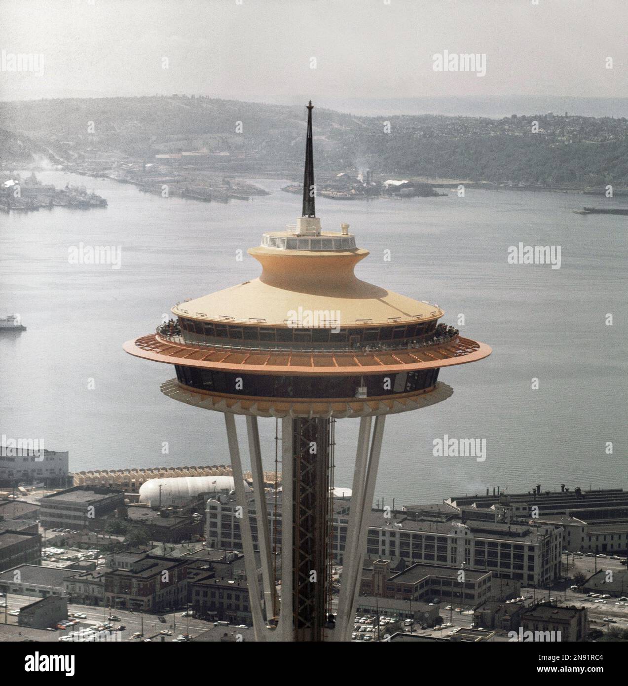 Aerial views of the Space Needle and surrounding area in Seattle in ...