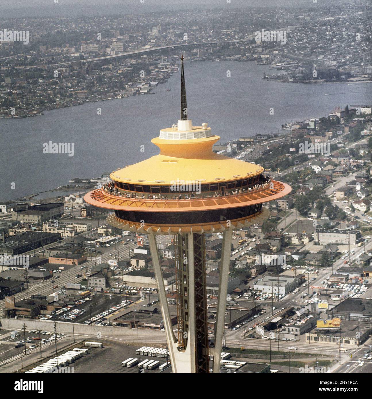 Aerial views of the Space Needle and surrounding area in Seattle in ...