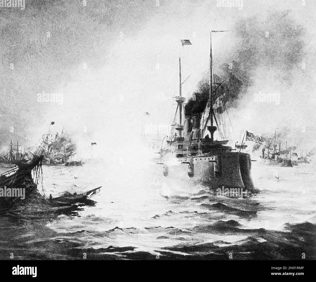 Spanish and U.S. ships battle during the Spanish American War in the ...