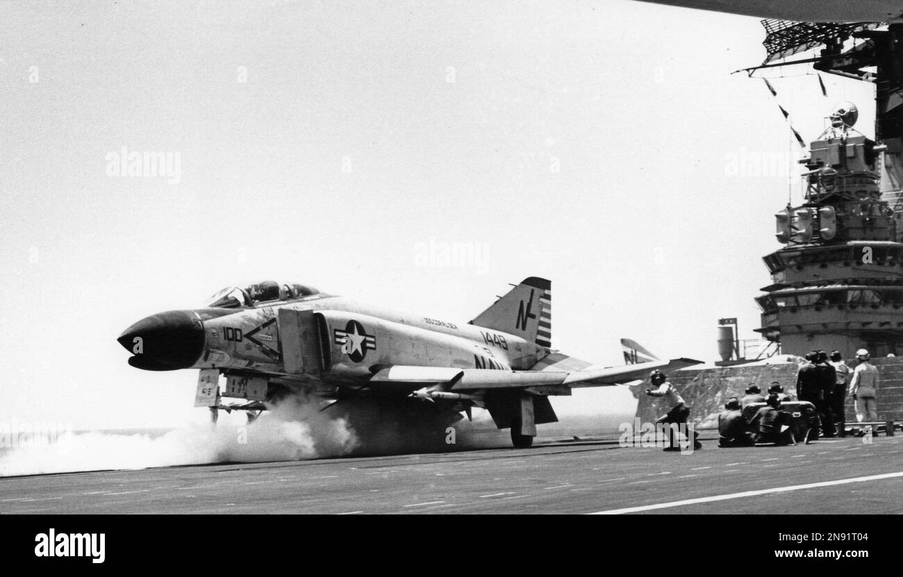 A Phantom II fighter-bomber takes off from the USS Coral Sea for an air ...