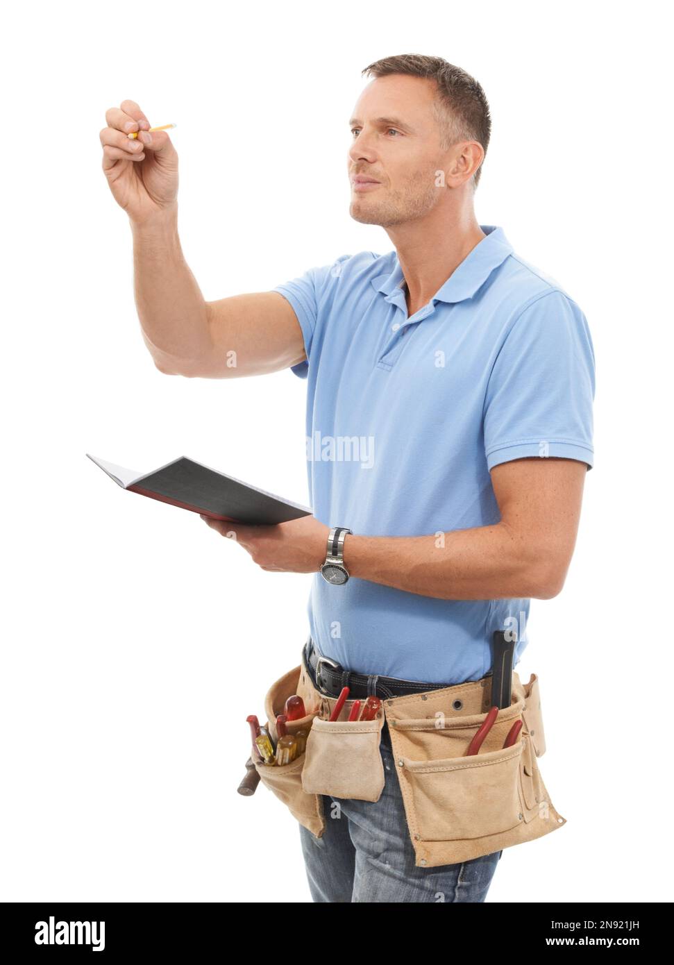 Inspection, contractor or handyman man isolated on a white background ...