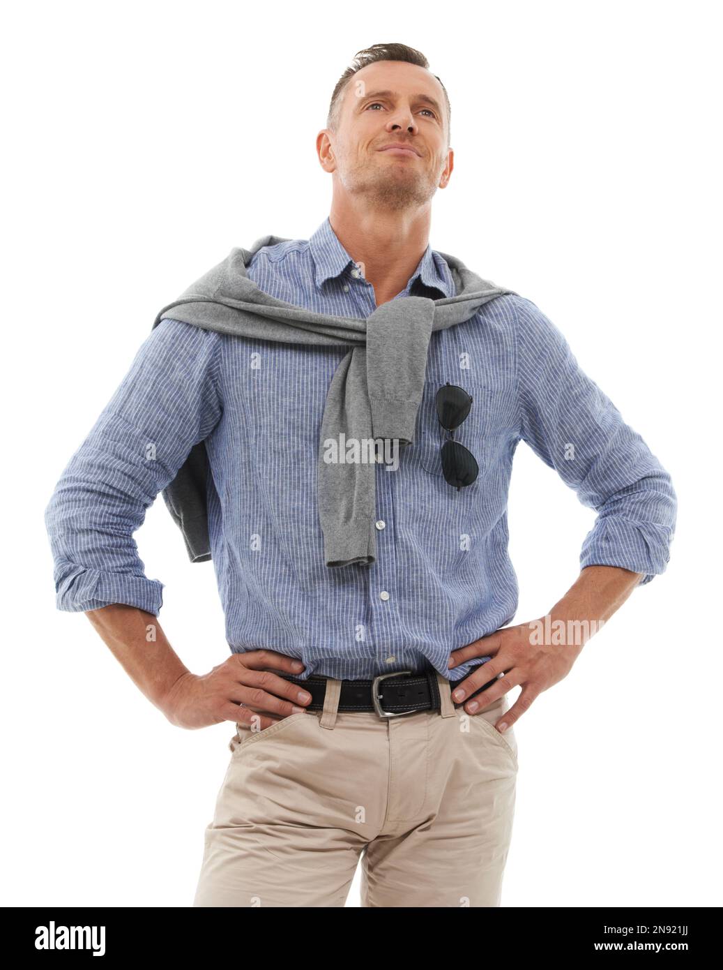 Confidence, fashion and mature man thinking in studio with mindset ...