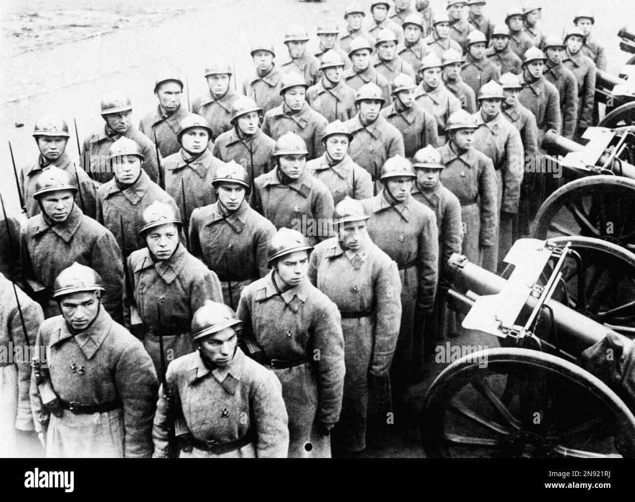 A view of a company of Soviet troops, dressed in full fighting ...